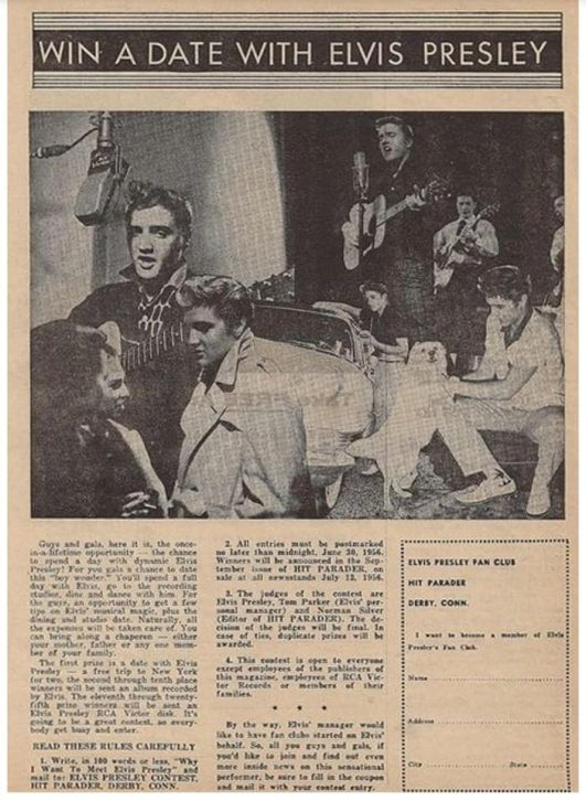 In 1956 a “Win A Date” with Elvis Presley contest was held by ‘Hit ...